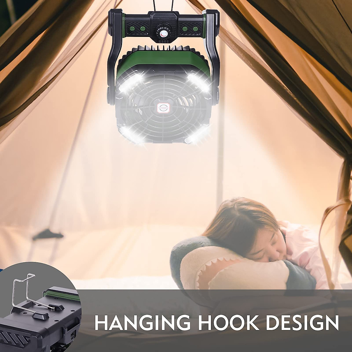 20000mAh Portable Camping Fan Rechargeable Portable fan for Travel Battery Powered Fan with LED Lantern,270° Rotation,USB Desk fan Battery Rechargeable Fan Tent Fan for camping essentials with Hook