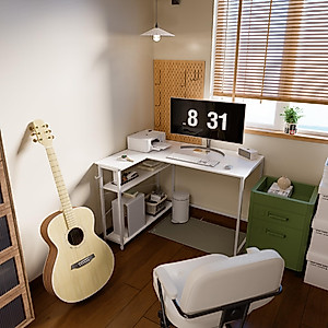 Pamray 43 Inch L Shaped Computer Desk with Reversible Side Storage Shelves, Small Corner Desk for Small Space Home Office,Writing Study Table PC Desk for Bedroom,White