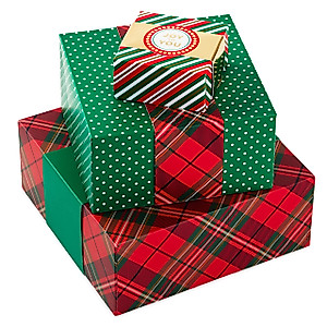 Hallmark Christmas Gift Boxes 3-Pack Assorted Sizes (Red & Green Stripes, Plaid, Polka Dots) for Hostess Gifts, Holiday Parties, Wrapped Treats
