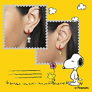 Peanuts Womens Flash Plated Sterling Silver and Enamel Woodstock and Snoopy Earrings - Small Hoop Dangle Earrings with Woodstock and Snoopy Charm - Officially Licensed