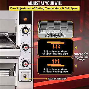 VEVOR Conveyor Commercial Pizza Oven, Belt Adjustable Heat and Speed Stainless Steel Countertop Kitchen Toaster Oven with 50-300 °C /122-572°F Temperature Range for Bakery Western Restaurant.