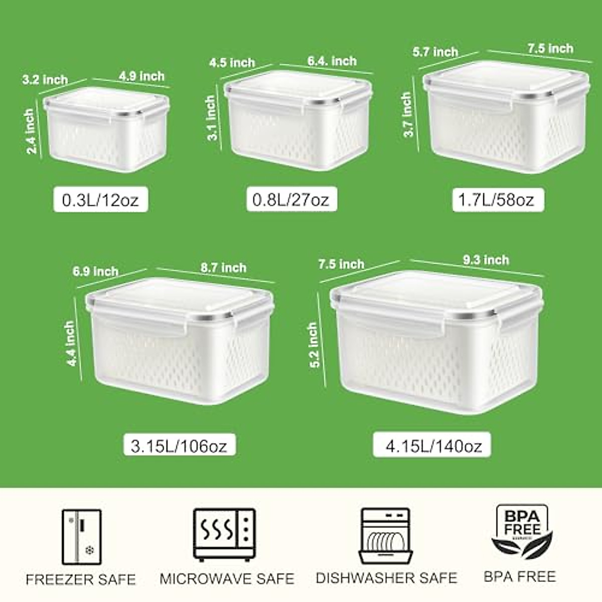 Elwichen 5 Pack Fruit Storage Containers for Fridge with Removable Colander, Produce Containers BPA-free Fridge Organizer to Keep Berry Lettuce Vegetable Fresh, Dishwasher & Microwave Safe