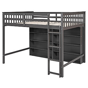 SOFTSEA Full Size Loft Bed with Storage, Solid Wood Loft Bed with Open Storage Shelves, Multi-Functional Loft Bed Frame with Ladder for Kids Boys Girls Teens, Gray