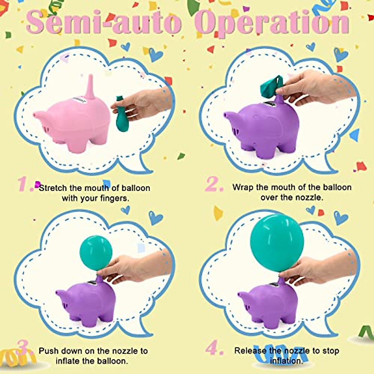 Balloon Pump Electric, Balloon Pump Kit 600W 110V Inflator Air Blower Cute Cartoon Elephant Portable Balloon Air Pump with Tying Tool Dot Glue for Party Wedding Christmas Ceremony Decoration (Pink)