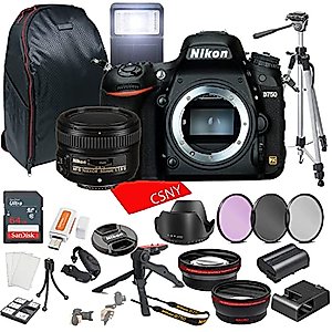 Nikon D750 DSLR Camera with 50mm F/1.8G Prime Lens + 64GB Memory + Back Pack Case + Tripod, Lenses, Filters, & More (28pc Bundle)
