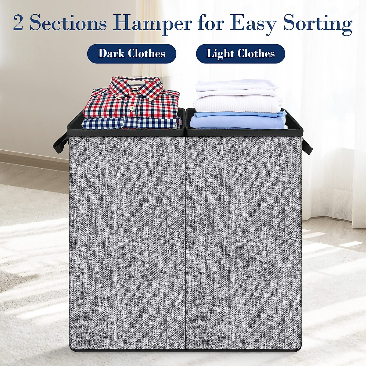 Pheswisom 150 L Extra Large Laundry Hamper with Lid, Double Laundry Hamper 2 Section with Removable Bags, Dirty Clothes Hamper for Storage Sorter, Dual Laundry Hamper for Bedroom, College, Dorm, Grey