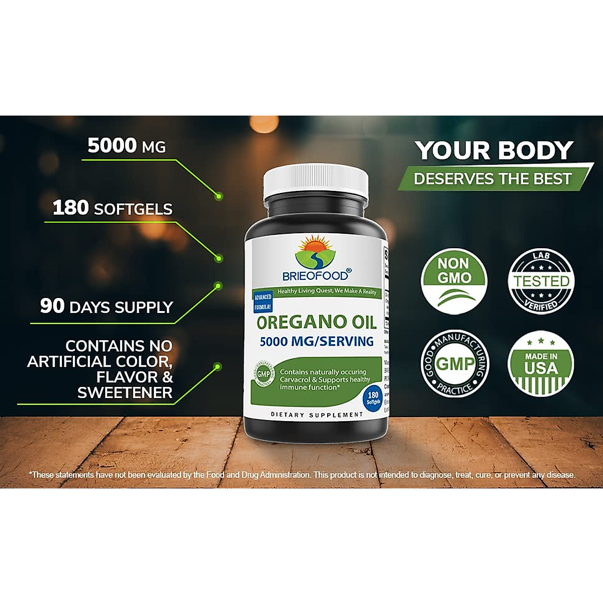 Brieofood Oregano Oil 5000mg/Serving - Contains Naturally Occuring Carvacrol - Healthy Immune Function - 180 Softgels