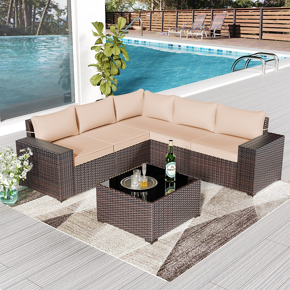 RTDTD Outdoor Patio Furniture Set, 6 Pieces Outdoor Furniture All Weather Patio Sectional Sofa PE Wicker Modular Conversation Sets with Coffee Table,5 Chairs & Seat Clips(Brown)