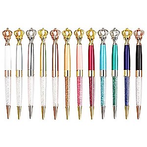 12 Fancy Crystal Crown Ballpoint Pens,Fun Nice Cool Jewel Bulk Set for Women Girls Wedding Top School Desk Office Supplies (A)