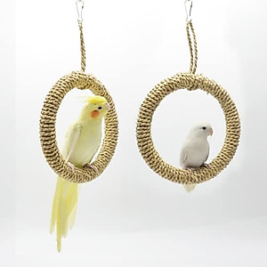 Bird Rope Swing Toy Parrot Climbing Perch Stand Natural Straw Rope Weaving Round Toy for Cockatiel Conure Cockatoo Parakeet Cage Hanging Decor