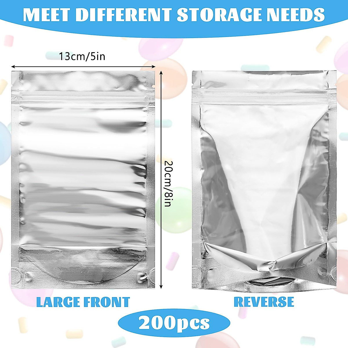 200 PCS Candy Bags, Sealable Heavy Duty Clear Mylar Food Storage Bags, Container Sets, Plastic Zipper Food Coffee Candy Storage, Refoldable Bags And Heat Sealable Food Storage (5" x 8")