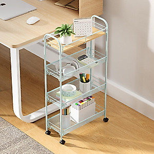 KINGRACK 4-Tier Slim Rolling Cart with Wooden Tabletop, Metal Utility Cart, Easy Assemble Slide Out Narrow Storage Cart for Narrow Space Kitchen Bathroom Laundry Room, Green