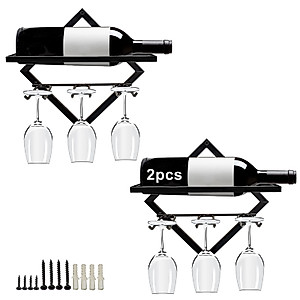 AUHOKY Metal Wall Mounted Wine Holder Stemware Glass Rack, Collapsible Hanging Red Wine Racks Organizer with 3 Stem Glass Holders, Wine Bottle Display Hanger for Home Kitchen Bar Decor