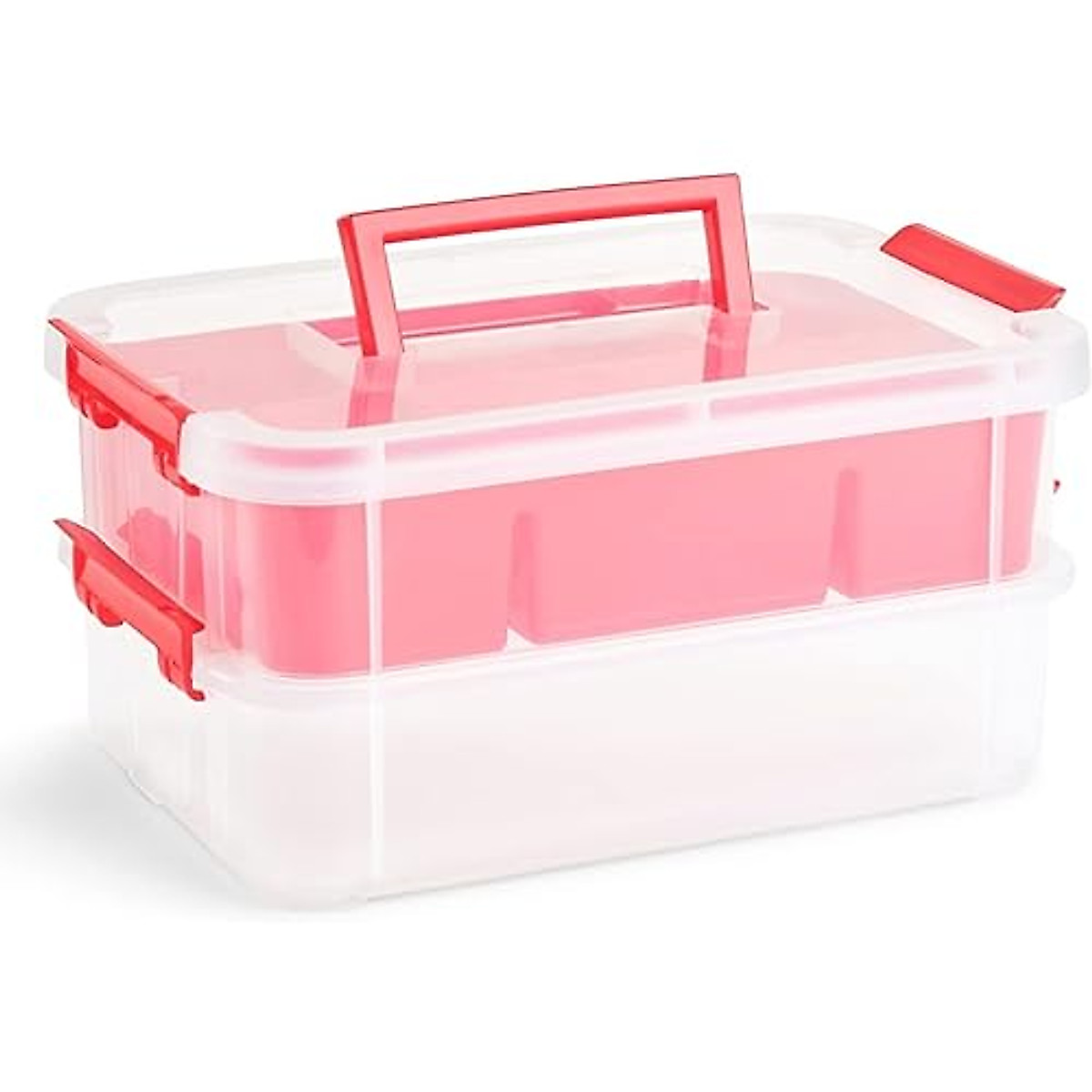 Bins & Things 2 Trays Stackable Storage Organizers Container with Compartments - Arts and Crafts Supply Box - Bead Plastic Organizer - Embroidery Thread Organizing Box - Multi-Divided Holder, Red
