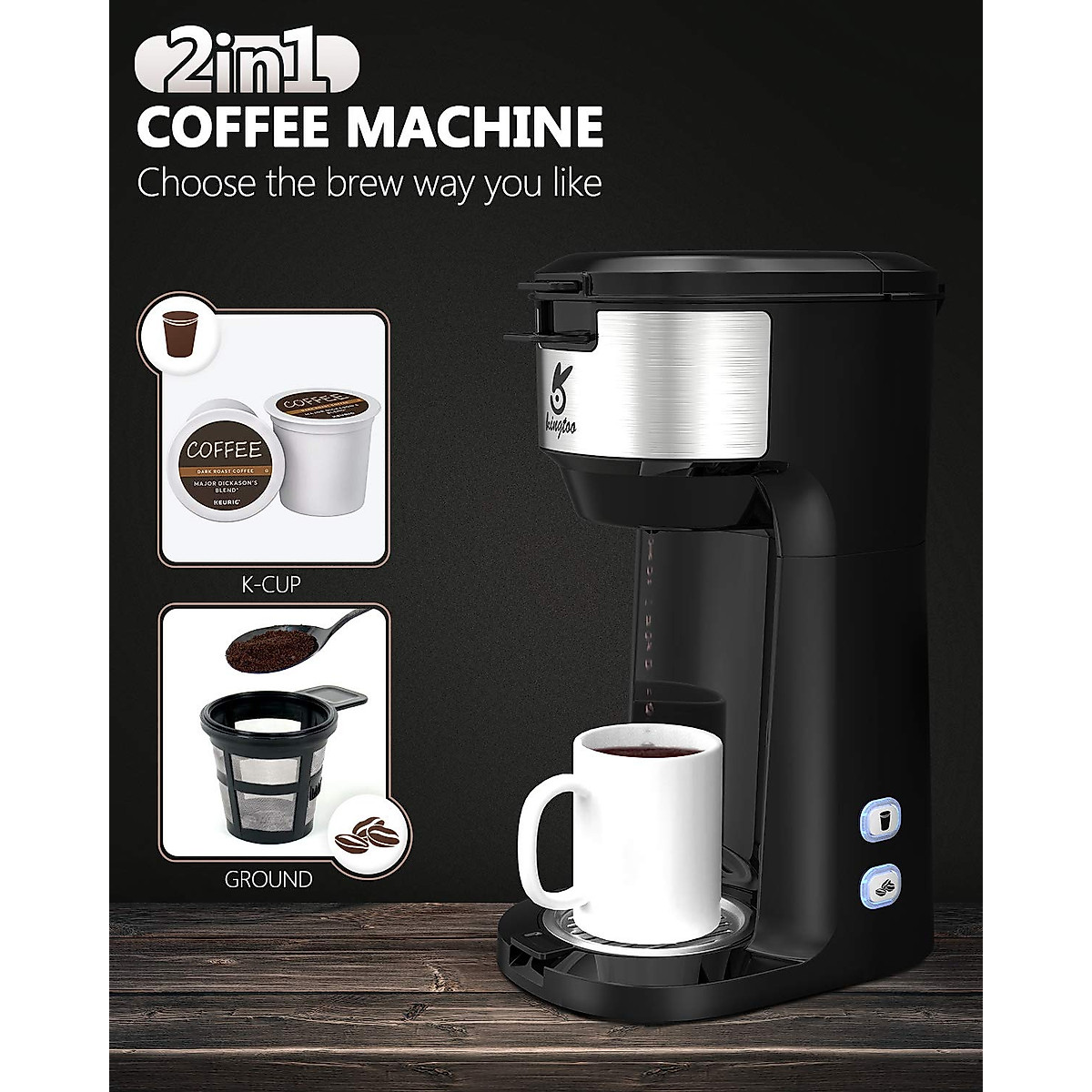 KINGTOO Coffee Maker with Milk Frother, Single Serve Coffee Maker for K-Cup Pod & Ground Coffee, Compact Coffee Maker 2 in 1 with Self Cleaning, Fast Brewing (Black