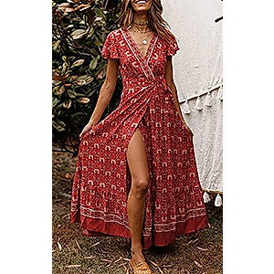 ZESICA Women's 2023 Bohemian Floral Printed Wrap V Neck Short Sleeve Split Beach Party Maxi Dress,Red2,Medium