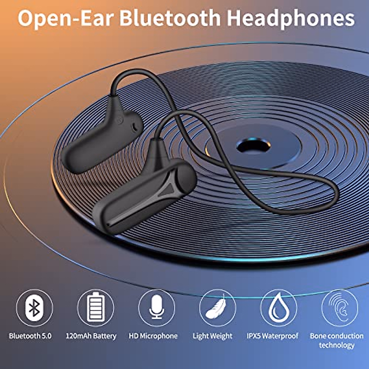 Bone Conduction Bluetooth Headphones, Wireless Open-Ear Headphones with Microphone, Sports Headset Sweatproof Noise-Canceling Earphones for Running, Outdoor, Cycling, Driving, Hiking, Gym-Black
