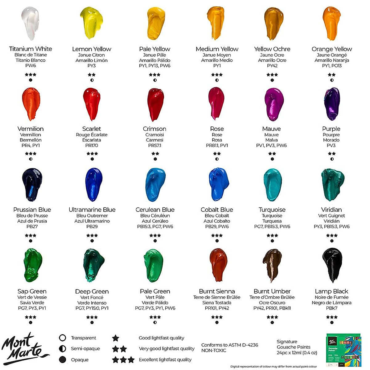 Mont Marte Signature Gouache Paint, 24 x 0.4oz (12ml), Semi-Matte Finish, 24 Colors, Suitable for use with Canvas, Watercolor Paper, Watercolor Paints and Mixed Media