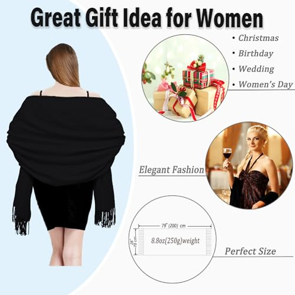 TwoYek Women's Scarf Pashmina Shawls and Wraps for Evening Dress Wedding Bridesmaid Bridal Winter Warm Large Soft Silky Scarves Black