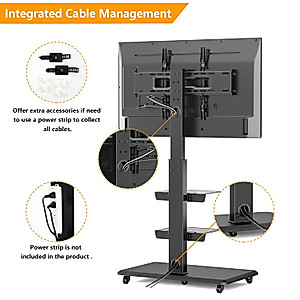 5Rcom Mobile TV Cart Portable TV Floor Stand Rolling with Wheels and Swivel Mount for 32 37 40 42 47 50 55 60 65 inch LED LCD Flat or Curved Screens TVs up to 110lbs Media Shelf Storage, Black