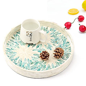 Round Serving Tray Shell Coffee Table Tray with Handles Elegant Decorative Tray for Food,Breakfast,Dinner,Ottoman,Parties,Restaurants and Bathroom, Blue, 11.8'