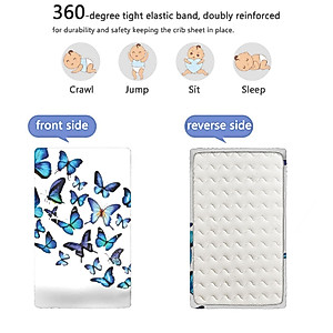 Butterflies Themed Fitted Mini Crib Sheets,Portable Mini Crib Sheets Soft and Breathable Bed Sheets-Baby Sheet for Boys Girls, 24“ x38“,Sky Blue Black Blue