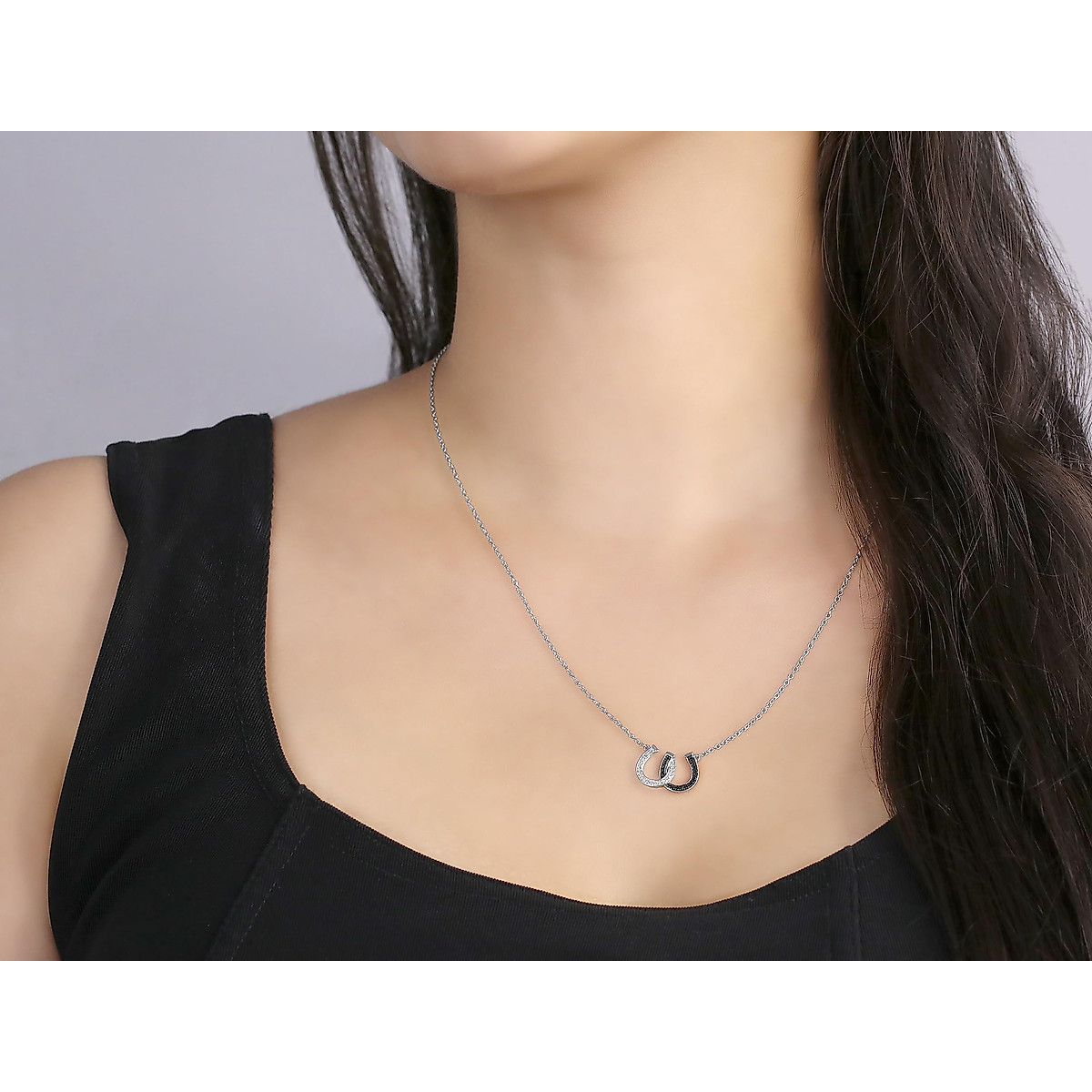 Dazzlingrock Collection 0.12 Carat (Ctw) Round Black & White Diamond Double Horseshoe Pendant with 18 inch Silver Chain for Women in in 925 Sterling Silver