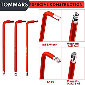 TOMMARS Hex Key Set Magnetic Ball End S2 Steel With T-Handle Hex Key Allen Wrench Set SAE(1/16"-3/8") Metric(1.5mm-10mm) TORX(T10-T50)