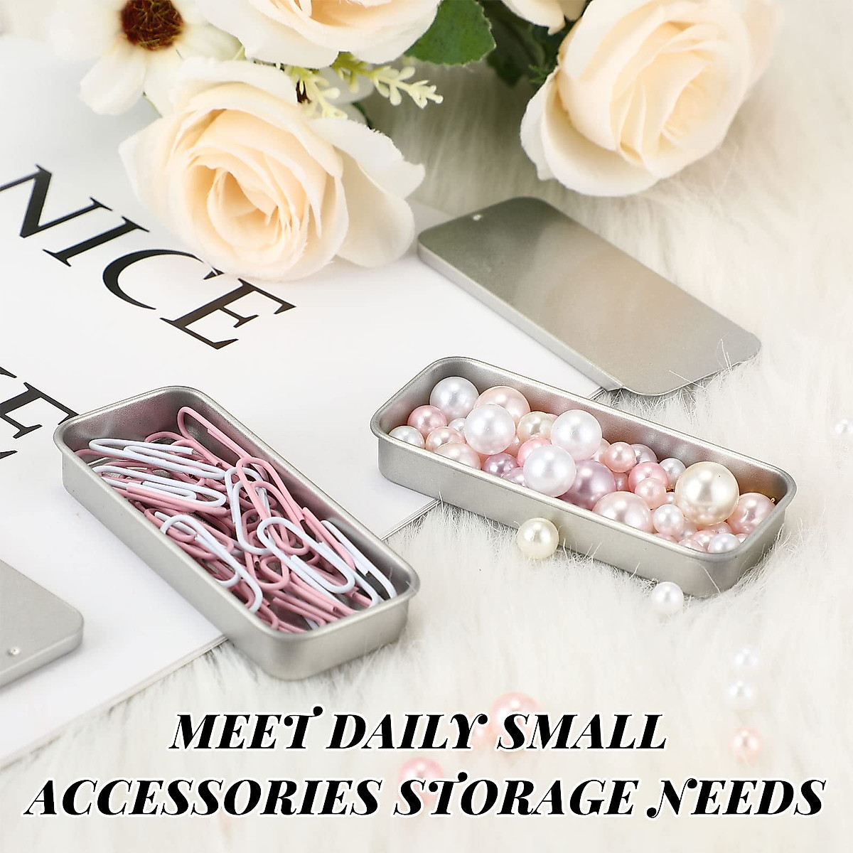 Norme 40 Pcs Small Slide Top Tin Lip Balm with Lids Rectangular Metal Containers for Lip Balm Candies Jewelry Crafts Pills Storage Kit(3.15 x 1.38 x 0.43 Inch,Silver)