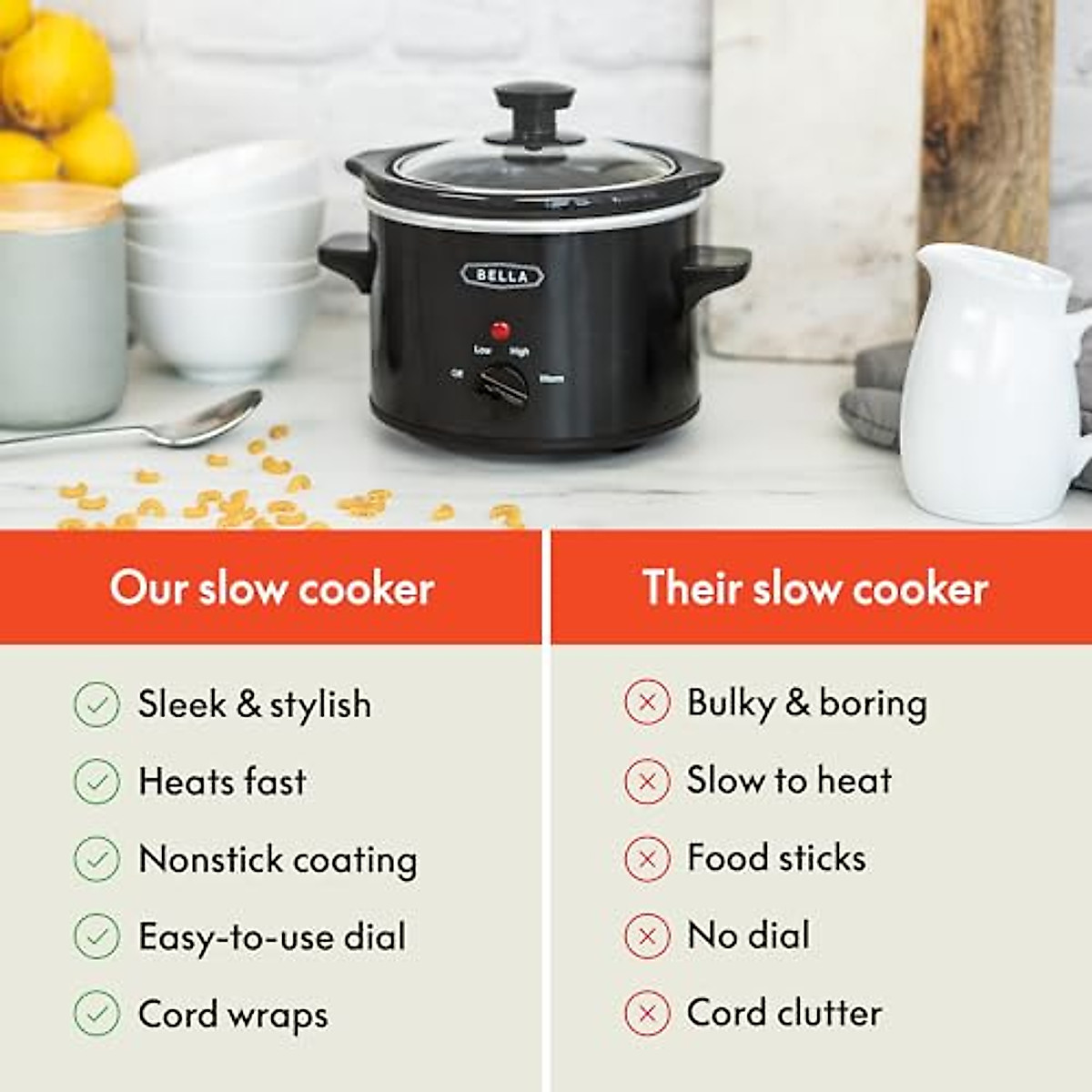 bella Electric Slow Cooker 1.5 Qt, Dishwasher Safe Removable Stoneware Pot and Glass Lid, Adjustable Temperature & Cool Touch Handles, Portable Mini Rice Cooker, Baby Food Steamer & Soup Warmer, Black