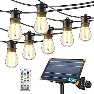 Sylsmart Solar String Lights Outdoor, 48FT with Rechargeable USB Port and Remote, Waterproof Shatterproof Vintage Edision LED S14 Bulbs, 8 Light Modes Solar Powered Patio Lights for Garden,Party