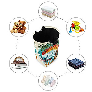 Man Surfing Hawaii Beach Ocean Tropical Palm Trees Waterproof Laundry Hamper Holder, Large Collapsible Dirty Clothes Laundry Bag Basket, Fabric Foldable Durable Storage Bin Organizer With Handles