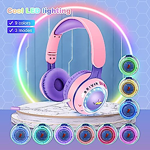 QearFun Kids Toddlers Bluetooth Headphones, Foldable 9 Colorful Led Lights Wireless Dinosaur Headphones with Mic & 3.5mm Jack, Boys Girls On-Ear Gaming Headset Gifts for PS4/Xbox One/Switch/PC/Tablet
