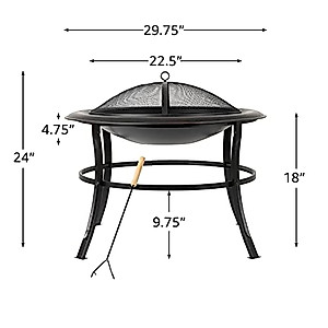 Fire Sense 62237 Fire Pit Tokia Steel Wood Burning Lightweight Portable Outdoor Firepit Rounded Lip & Curved Legs Included Wood Grate & Screen Lift Tool - 30" Round - Black