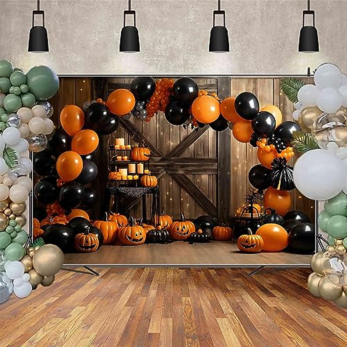 MOONDECO Photography Backdrop 7x5ft Halloween Arch Balloon Jack O Lantern Wood Party Background Kids Candle Light Fire Fly Photo Booth Decorations