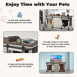 MELLCOM Large Wooden Dog Cage, Durable and Bite Resistant, Spacious with Dividers, Sliding Barn Door Design, White and Brown