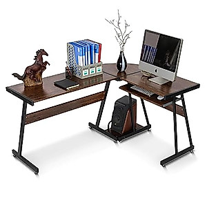 ENGERIO L-Shaped Computer Desk Reversible Office Desk with Keyboard CPU Power Tray Stand Modern Home Office Corner Table Gaming Desk Student Study Bedroom Writing Table (Brown)