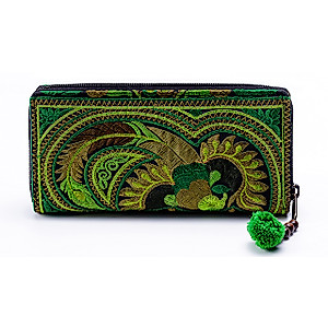 changnoi Unique Handmade Women's Wallet Thai Hmong Embroidered Fabric (Bird Green)