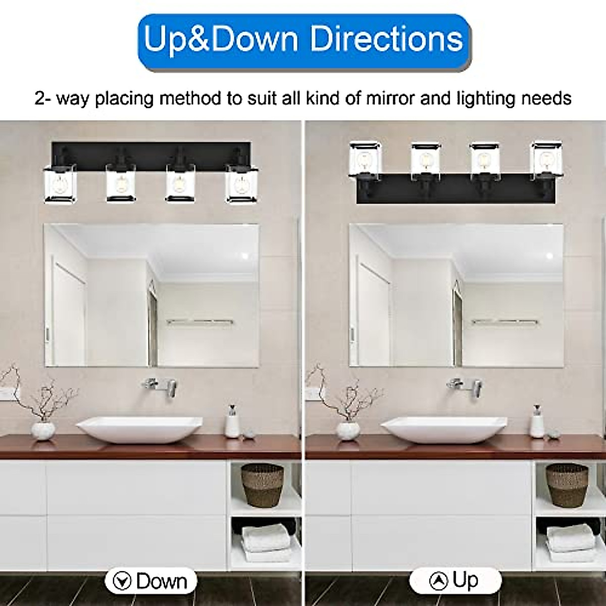 MELUCEE 4-Light Vanity Lights for Bathroom, Industrial Indoor Wall Sconces Black Bathroom Lighting with Rectangular Clear Glass Shade for Kitchen Hallway Living Room, 31.3 Inches Length