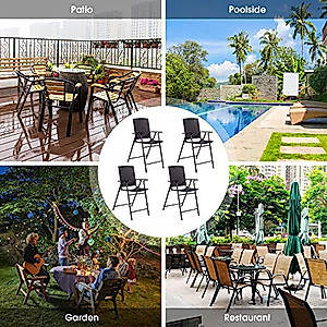 Casart Folding Wicker Rattan Bar Chairs Set of 4 Tall Stool with Back,Steel Frame,Armrests and Footrest Bar Stools Garden Patio Furniture Set