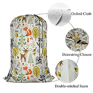 Swono Woodland Animals Laundry Bag with Strap Machine Washable Large Dirty Clothes Organizer Trees Mushrooms Berries Rabbit Owl Easy Fit Laundry Hamper or Basket, Carry Up to 4 Loads of Laundry