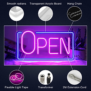 Neon Open Signs for Business, Super Bright LED Open Sign, Open Neon Sign 16''x 8'' (Blue&Pink), with ON/OFF Switch & Adapter, Neon Light Up Sign for Window Party Wall Store Shop Bars Coffee Salon Club