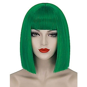 Juziviee Green Wigs for Women 12'' Short Green Bob Wig with Bangs Natural Cute Soft Synthetic Wigs for Party St Patricks Day AD016DGR