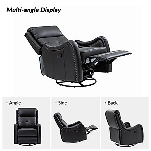 HULALA HOME Genuine Leather Swivel Rocker Recliner with Adjustable Backrest & Footrest, Manual Glider Reclining Chair for Living Room Bedroom, Home Theater Sofa Chair with 360° Swivel Base (Black)