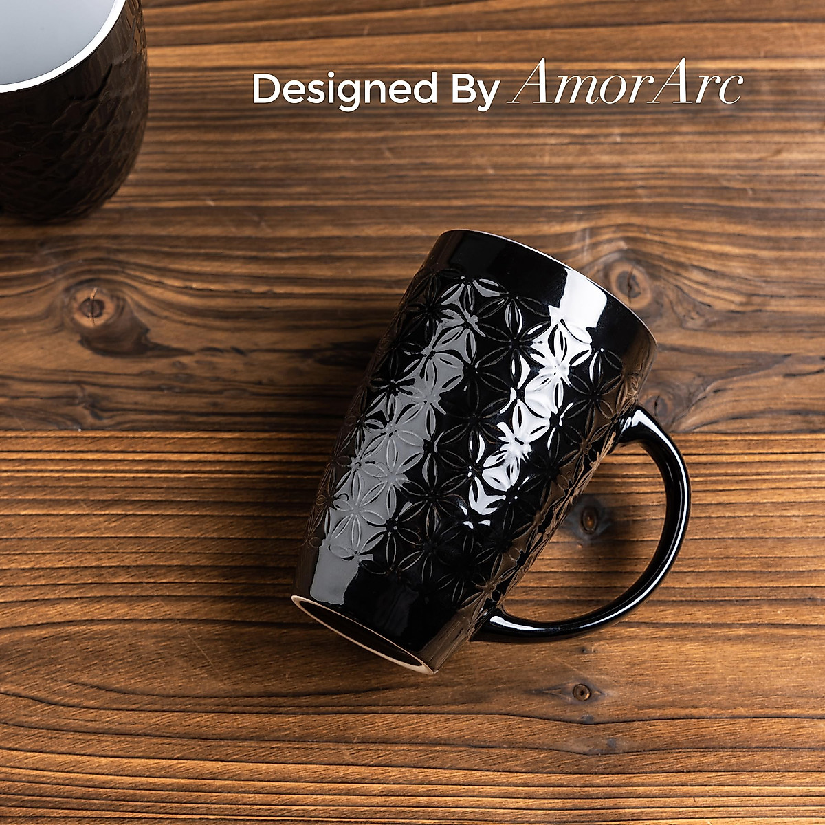 AmorArc Large Coffee Mugs Set of 6, 22oz Ceramic Tall Coffee Mugs Set with Textured Geometric Patterns for Latte/Tea/Beer/Hot Cocoa, Dishwasher & Microwave Safe, Black