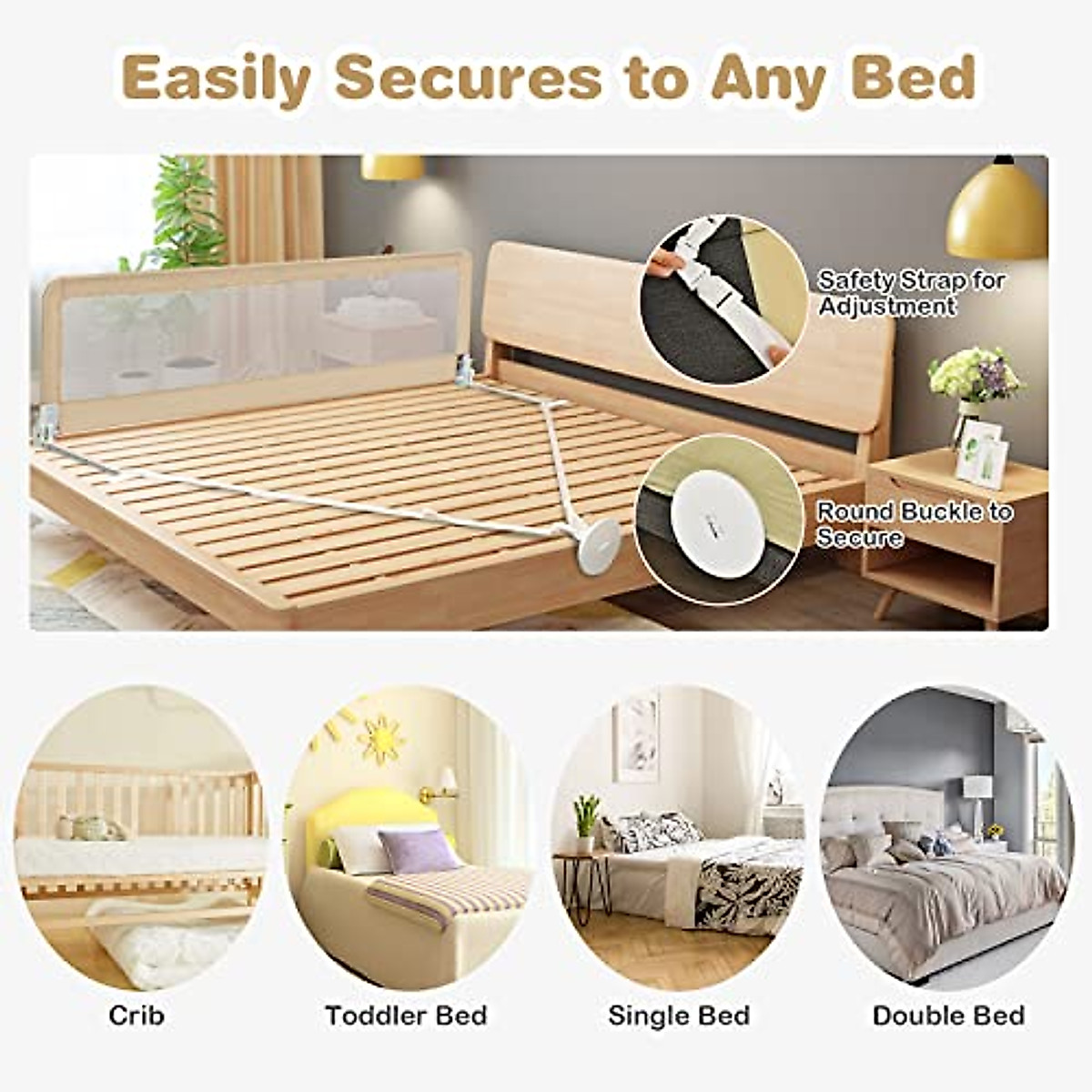 HONEY JOY Bed Rail for Toddlers, 71-in Extra Long, Portable Safety Bed Guardrail w/Double Safety Child Lock, Foldable Baby Bed Rail Guard, Fit King & Queen Full Twin Size Bed Mattress(Beige, Pack 1)