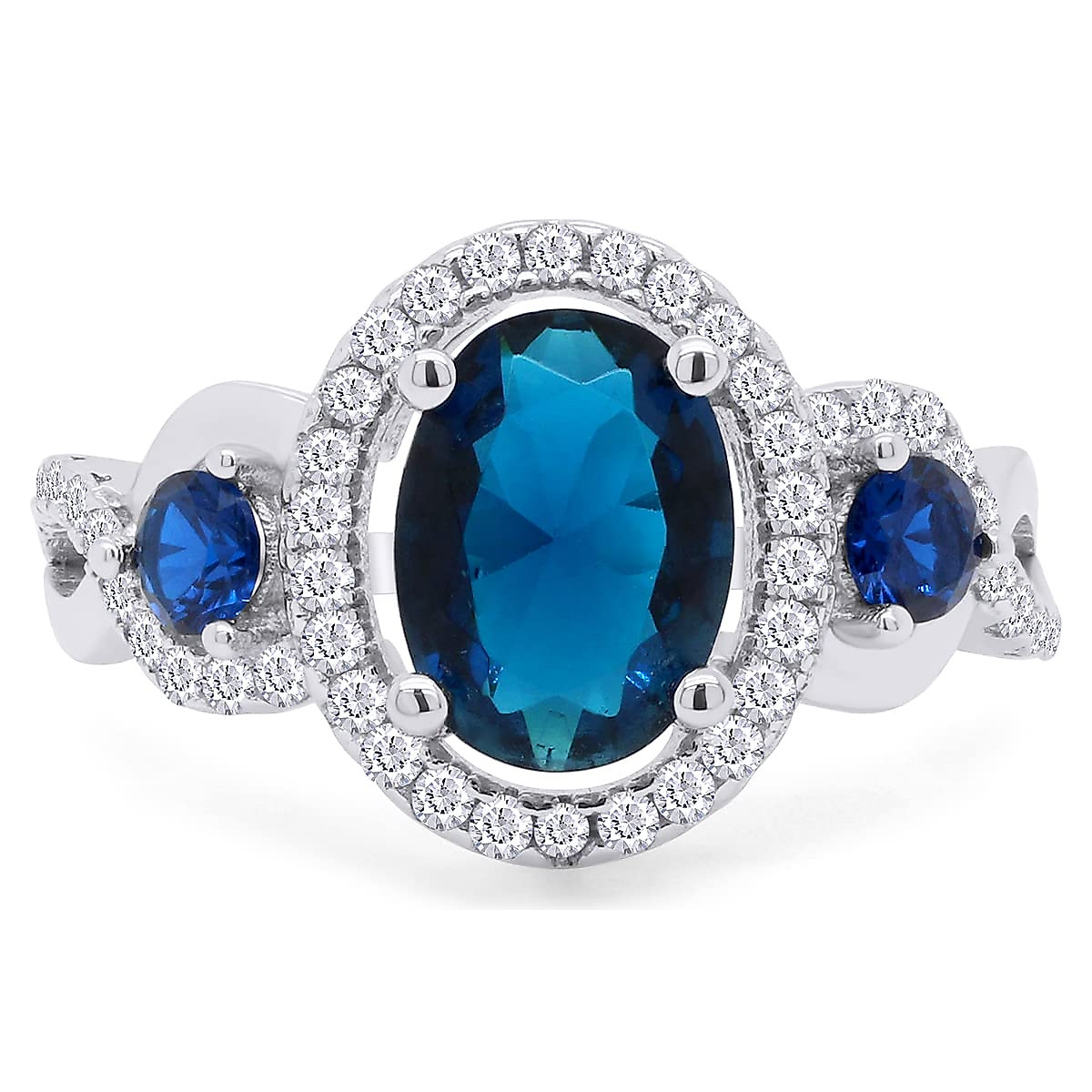 SAVEARTH DIAMONDS Three Stone, Oval Cut 8x6MM Center, Round Cut Simulated Blue Sapphire And White Cubic Zirconia Infinity Oval Halo Engagement Ring In 14k White Gold Over Sterling Silver Size-8