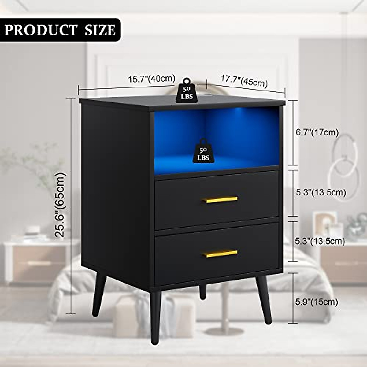 FREDEES Black Nightstand with LED Lights&2 USB Charging Station,Bedside Table with 2 Drawer&Open Storage Shelf, Modern Design End Side Table for Living Room,Smart Night Stand with Human Body Induction