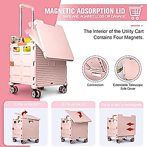 Foldable Utility Cart Folding Portable Rolling Crate with Magnetic Extended Lid,360°Rotate Wheels,176LBS Load Capacity,Heavy Duty Durable Dolly Cart for Teacher Tourist Shopping Office Outdoor
