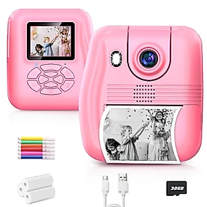 Kids Camera Instant Print, 1080P Digital Camera for Kids with Flip Lens Selfie, Ideal Toys Gifts for Girls Boys Aged 4-12 for Christmas Birthday Holiday (Pink)